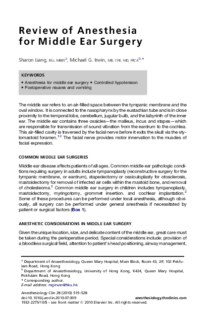 (PDF) Review of Anesthesia for Middle Ear Surgery