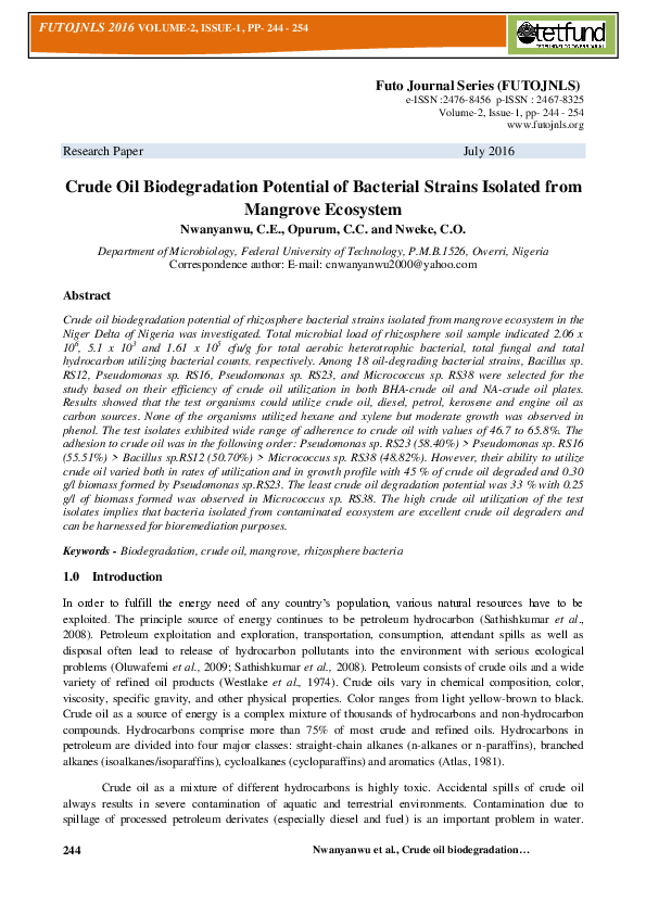 (PDF) Crude Oil Biodegradation Potential of Bacterial Strains Isolated from Mangrove Ecosystem ...