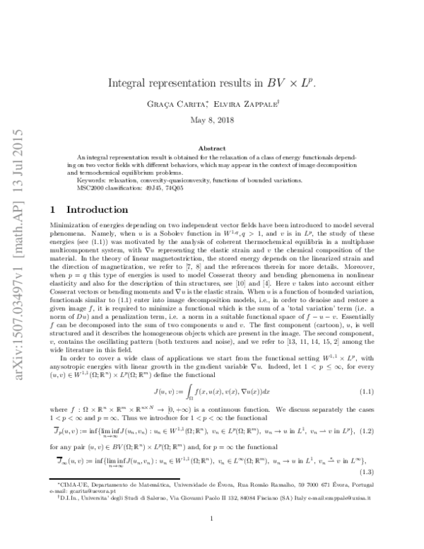 (PDF) Integral representation results in BV × Lp