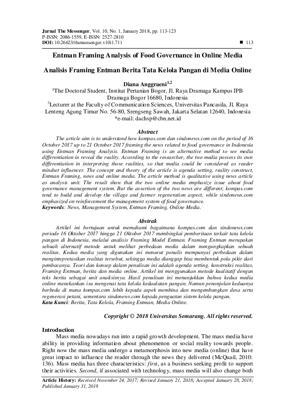 (PDF) Entman Framing Analysis of Food Governance in Online Media