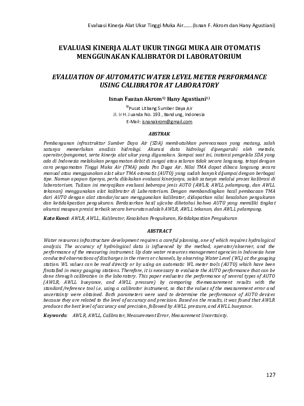 (PDF) Evaluasi Kinerja Alat Ukur Tinggi Muka Air Otomatik Menggunakan ...