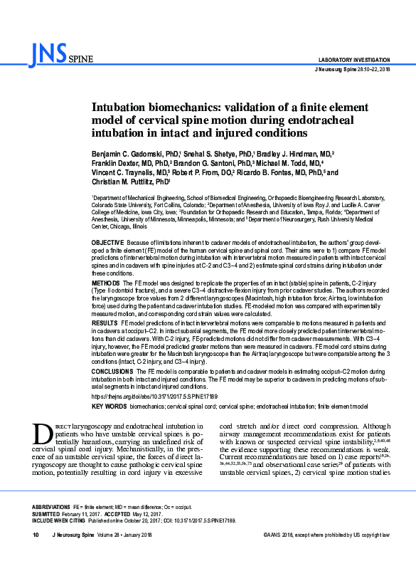 (PDF) Intubation biomechanics: validation of a finite element model of cervical spine motion ...