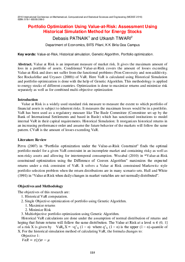 (PDF) Portfolio Optimization Using Value-at-Risk: Assessment Using ...