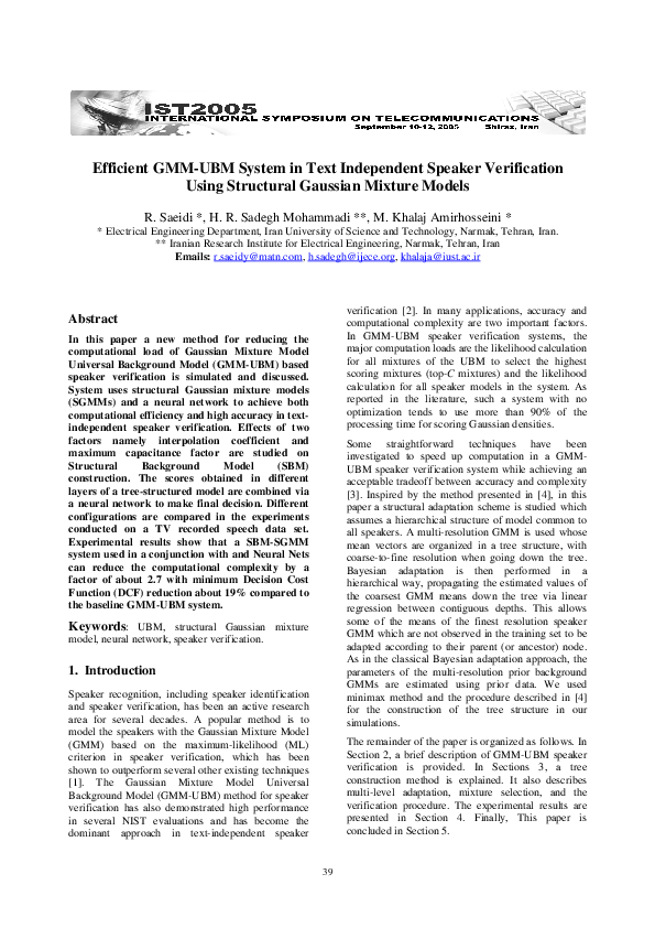 Pdf Efficient Gmm Ubm System In Text Independent Speaker Verification