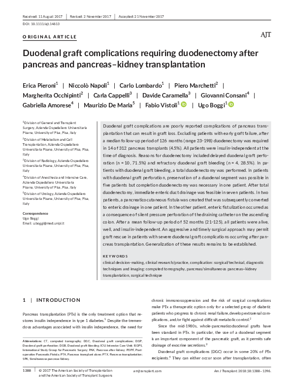 (PDF) Duodenal graft complications requiring duodenectomy after ...