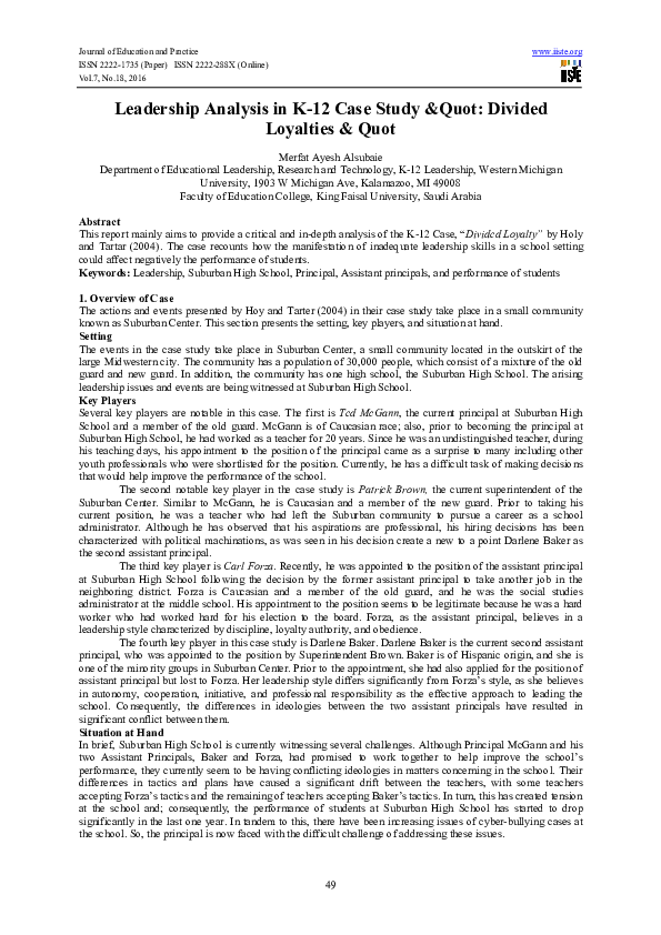 (PDF) Leadership Analysis in K-12 Case Study &Quot: Divided Loyalties ...
