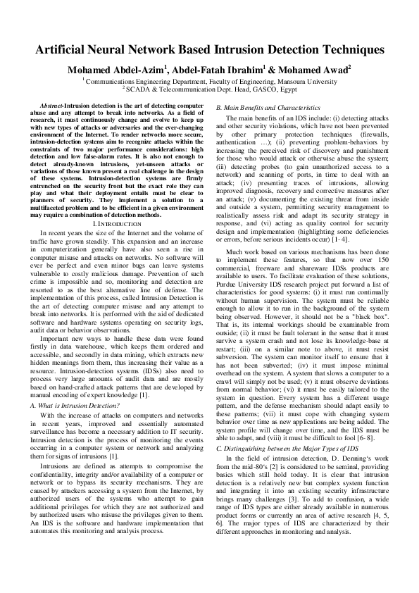 Pdf Artificial Neural Network Based Intrusion Detection Techniques Mohamed Mohamed