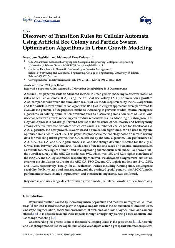 Pdf Discovery Of Transition Rules For Cellular Automata Using Artificial Bee Colony And 9367