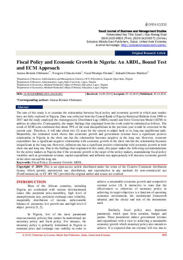 Pdf Fiscal Policy And Economic Growth In Nigeria An Ardl Bound Test