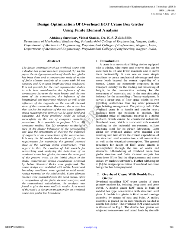 (PDF) Design Optimization Of Overhead EOT Crane Box Girder Using Finite Element Analysis