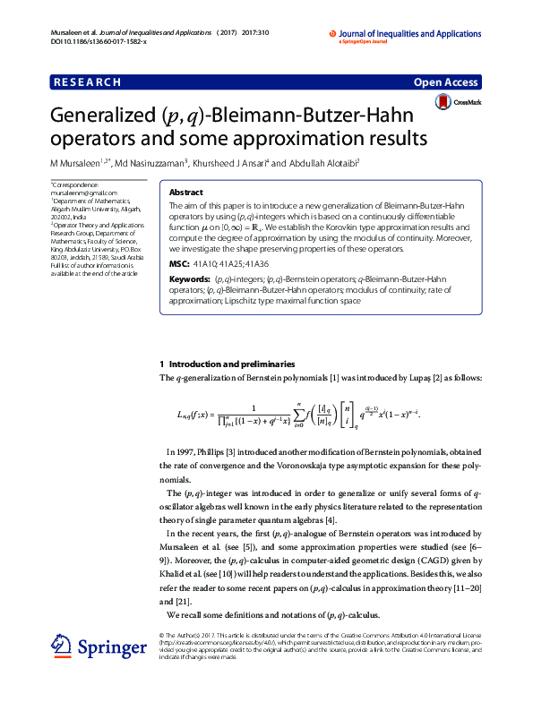 Pdf Generalized P Q P Q Bleimann Butzer Hahn Operators And Some Approximation