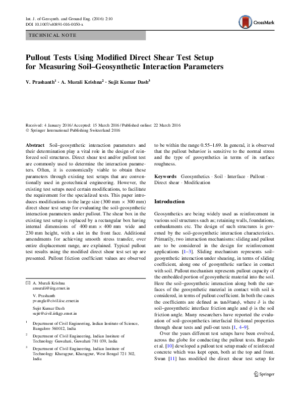 (PDF) Pullout Tests Using Modified Direct Shear Test Setup for ...