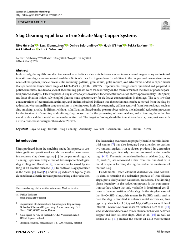 (PDF) Slag Cleaning Equilibria in Iron Silicate Slag–Copper Systems