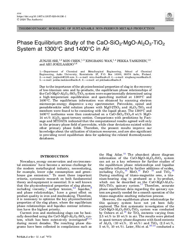 (PDF) Phase Equilibrium Study of the CaO-SiO2-MgO-Al2O3-TiO2 System at 1300°C and 1400°C in Air