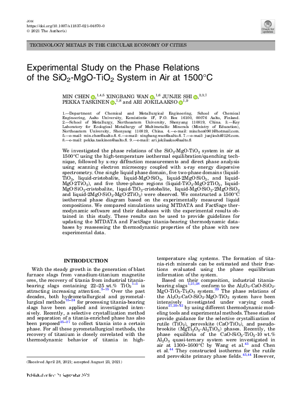 (PDF) Experimental Study on the Phase Relations of the SiO2-MgO-TiO2 System in Air at 1500°C