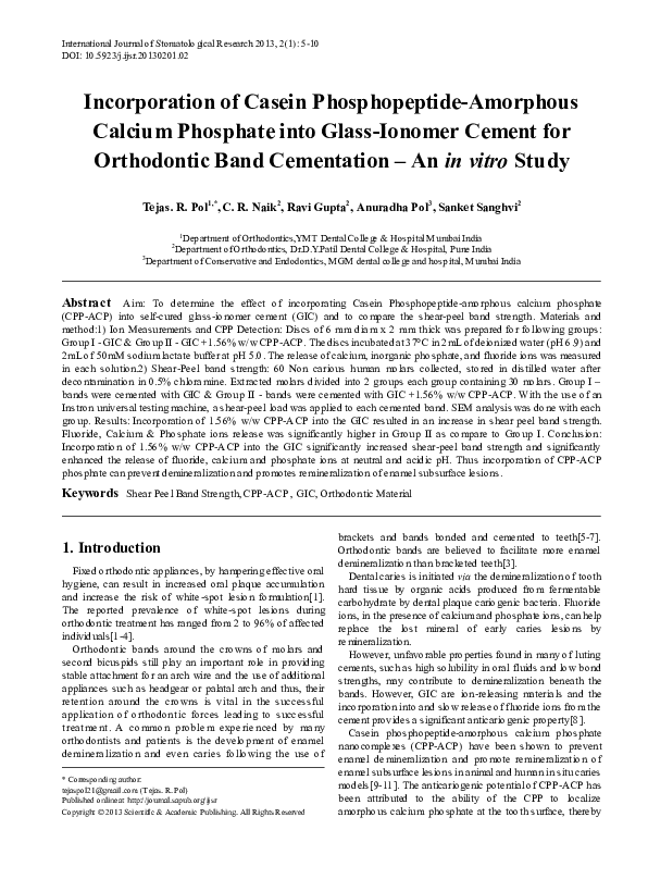 Pdf Incorporation Of Casein Phosphopeptide Amorphous Calcium Phosphate Into Glass Ionomer
