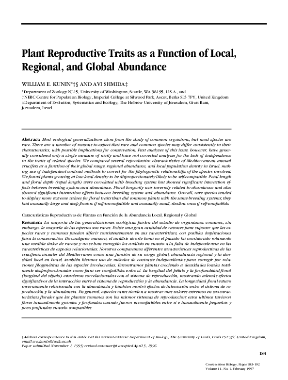 (PDF) Plant Reproductive Traits as a Function of Local, Regional, and ...