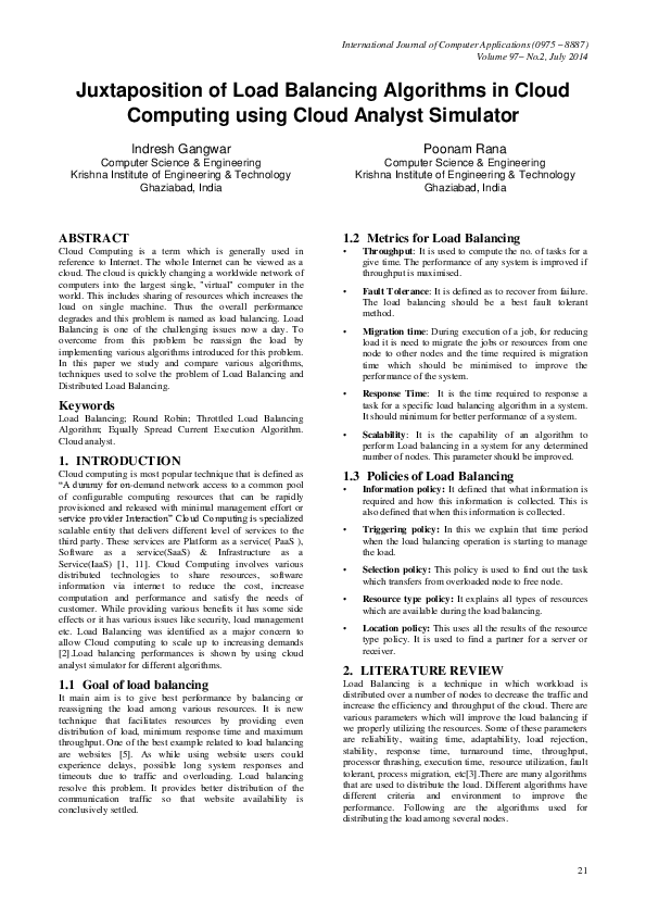 Pdf Juxtaposition Of Load Balancing Algorithms In Cloud Computing Using Cloud Analyst Simulator