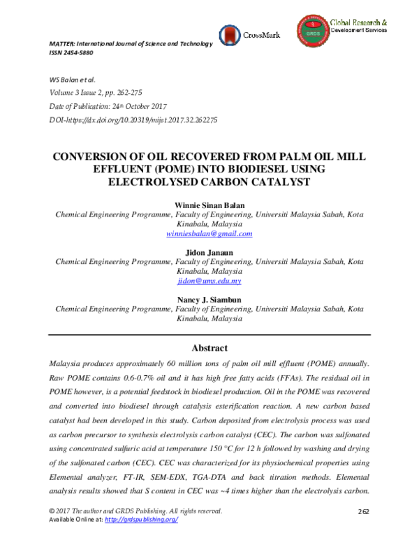 (PDF) Conversion of Oil Recovered from Palm Oil Mill Effluent (Pome ...