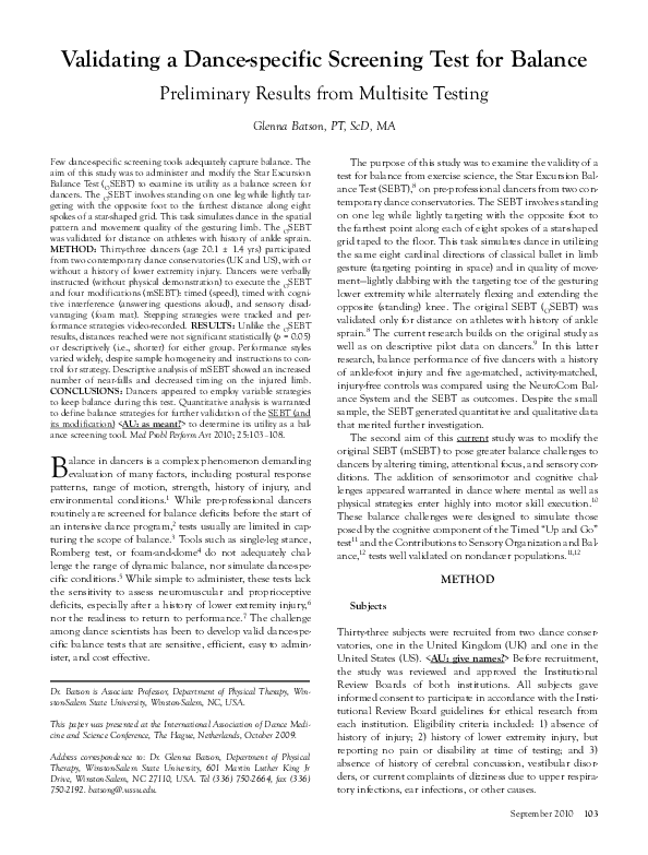 (PDF) Validating a dance-specific screening test for balance ...