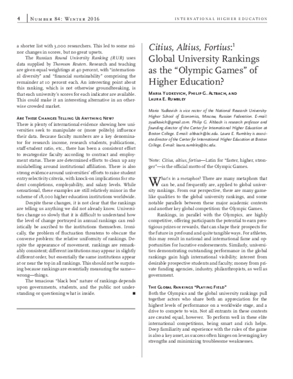 (PDF) Citius, Altius, Fortius: Global University Rankings as the ...
