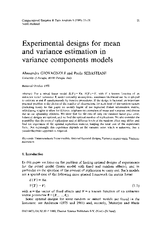 (PDF) Experimental designs for mean and variance estimation in variance components models