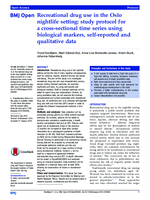 (PDF) Recreational drug use in the Oslo nightlife setting: study ...
