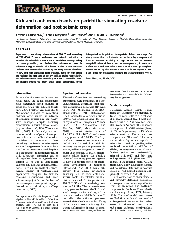 (PDF) Kick-and-cook experiments on peridotite: simulating coseismic ...