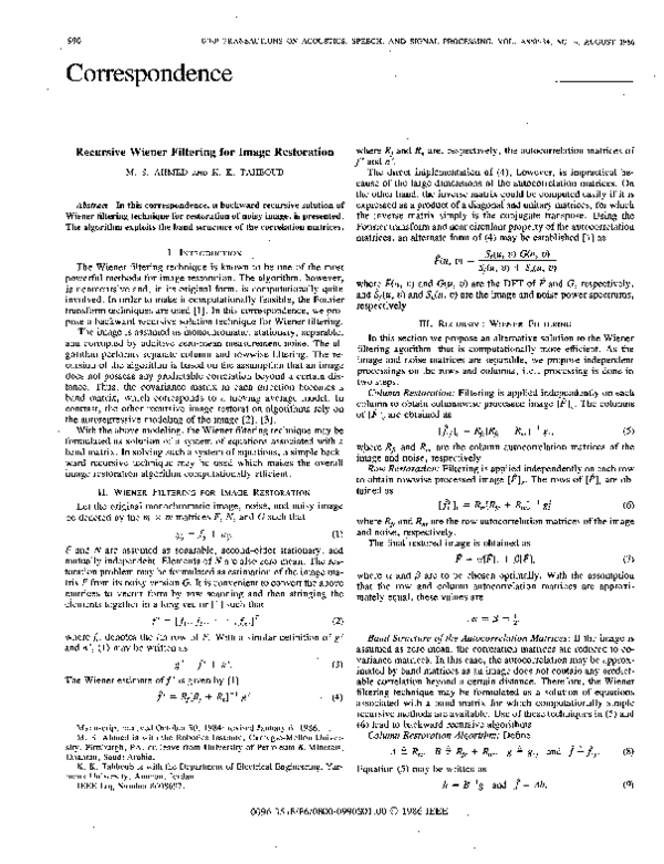 (PDF) Recursive Wiener filtering for image restoration
