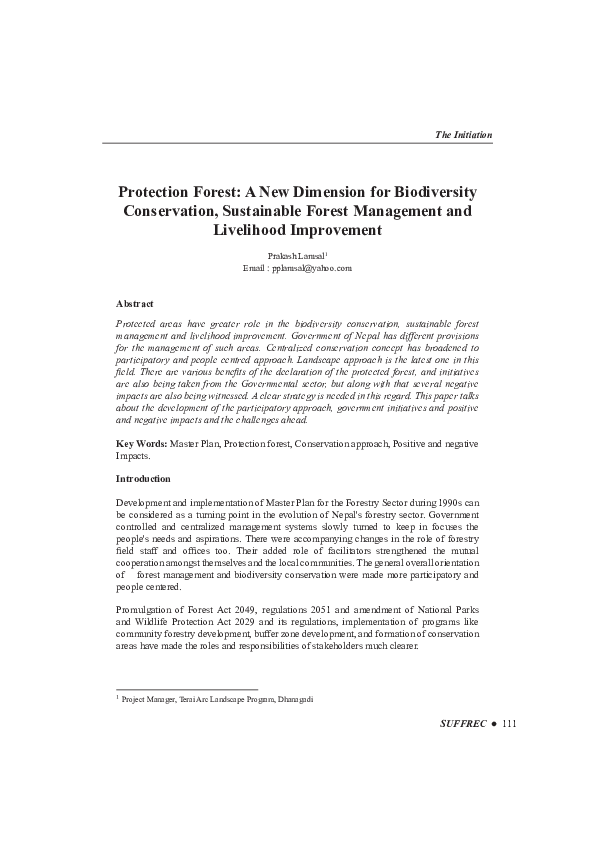 (PDF) Protection Forest: A New Dimension for Biodiversity Conservation ...