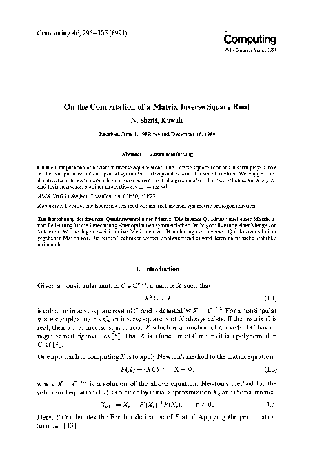 (PDF) On the computation of a matrix inverse square root