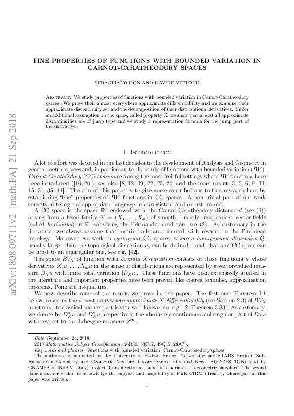 (PDF) Fine properties of functions with bounded variation in Carnot ...