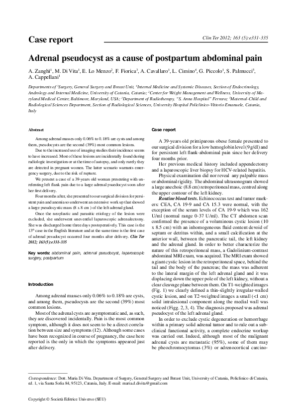 (PDF) Adrenal pseudocyst as a cause of postpartum abdominal pain