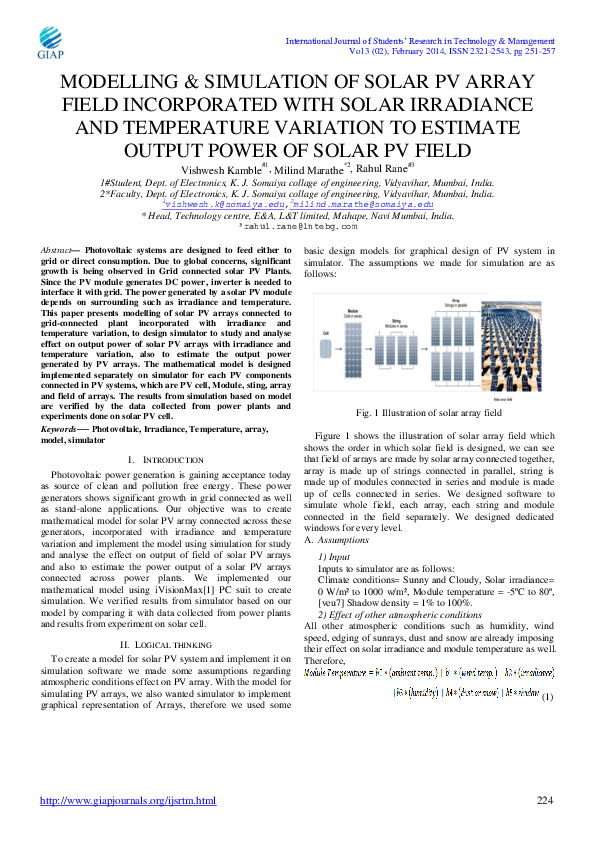 (PDF) Modelling and Simulation of Solar PV Array Field Incorporated ...