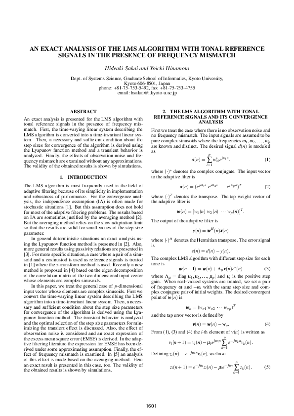 (PDF) An exact analysis of the LMS algorithm with tonal reference signals in the presence of ...