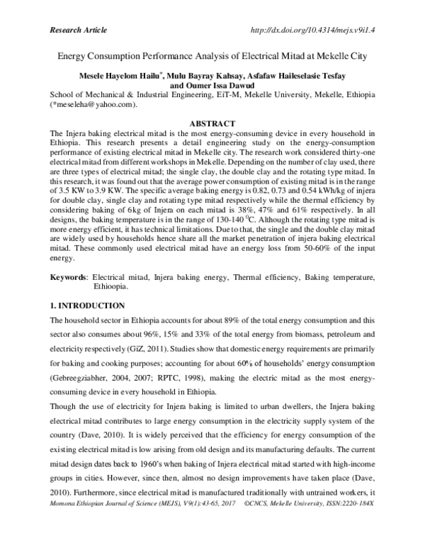 (PDF) Energy consumption performance analysis of electrical mitad at Mekelle City