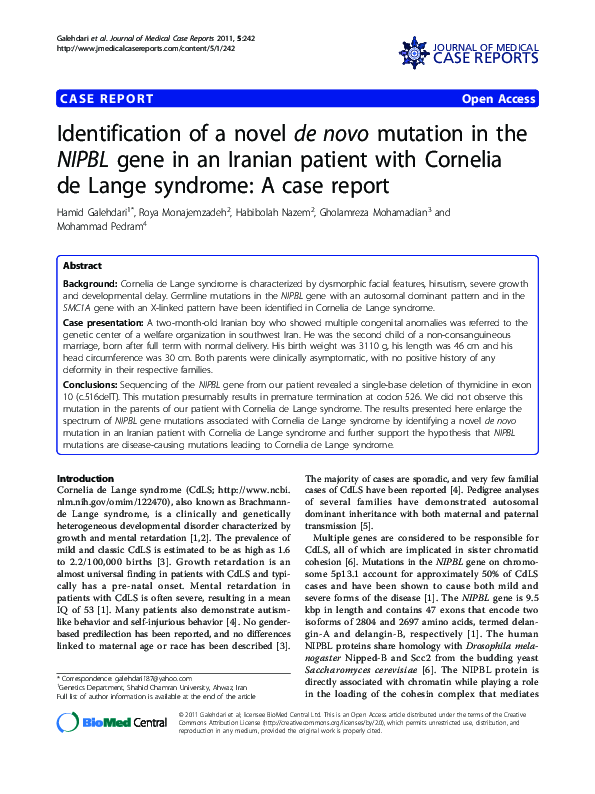 (PDF) Identification of a novel de novo mutation in the NIPBL gene in ...