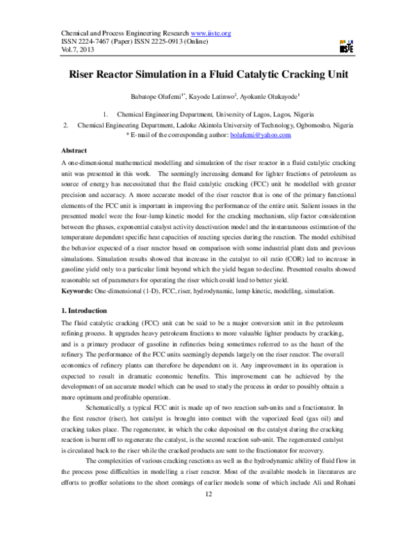 (PDF) Modeling and Simulation of Riser Reactors