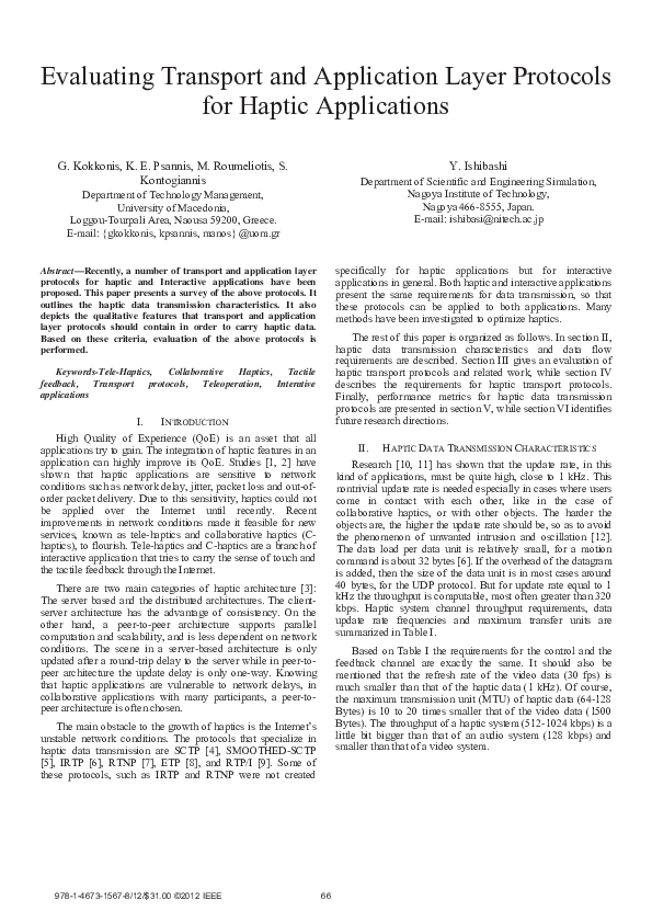 Pdf Evaluating Transport And Application Layer Protocols For Haptic Applications