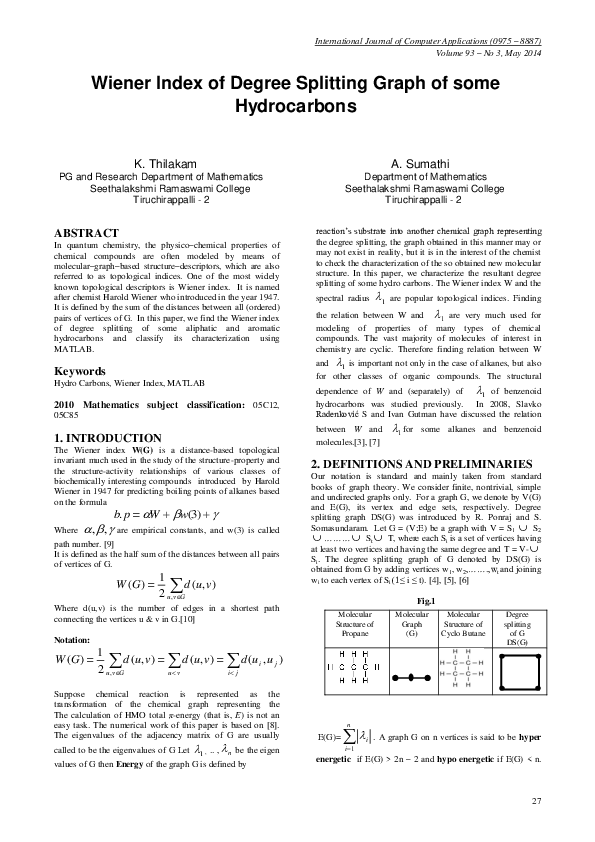(PDF) Wiener Index of Degree Splitting Graph of some Hydrocarbons