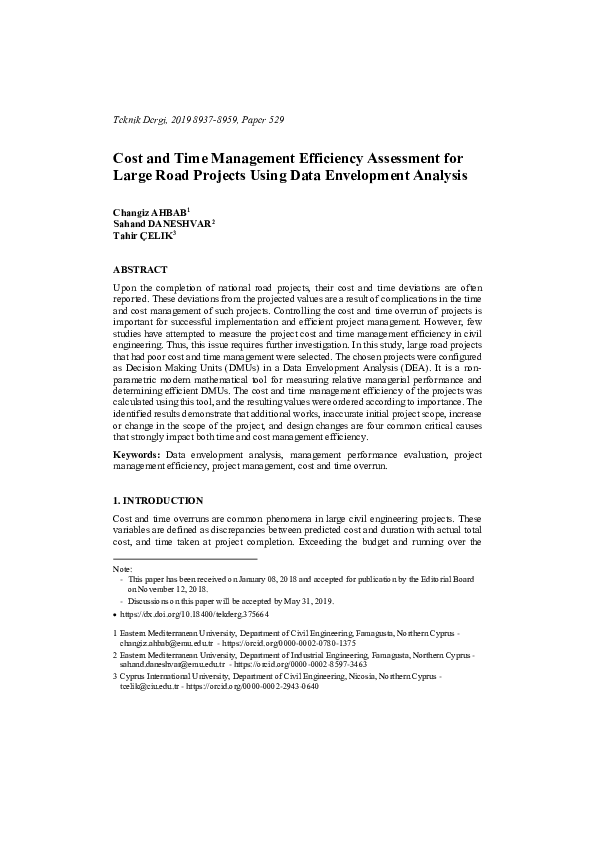 (PDF) Cost and Time Management Efficiency Assessment for Large Road Projects Using Data ...