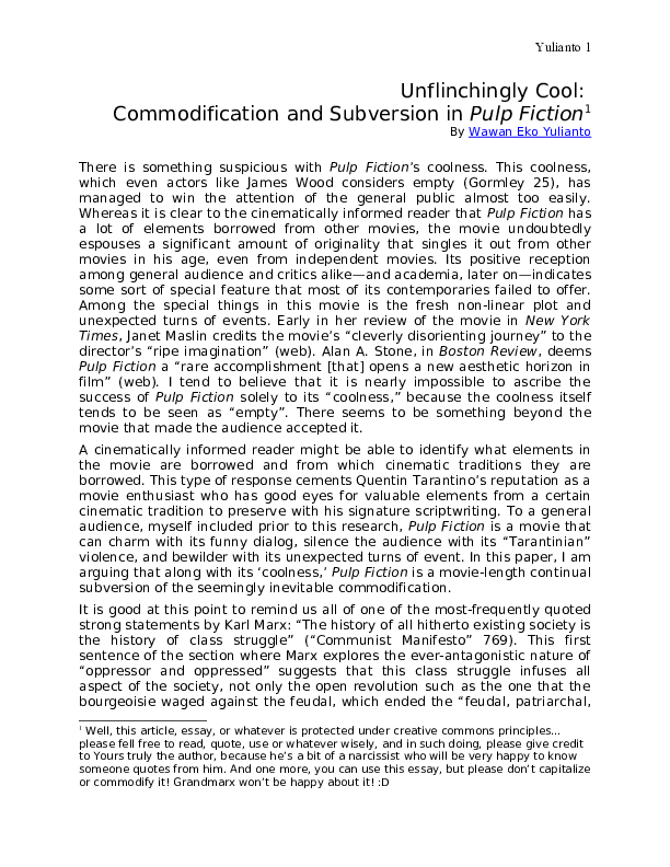(DOC) Unflinchingly Cool: Commodification and Subversion in Pulp Fiction