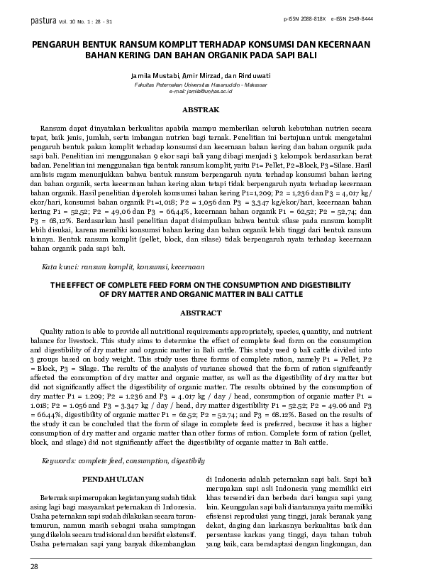 (PDF) Pengaruh Bentuk Ransum Komplit Terhadap Konsumsi Dan Kecernaan Bahan Kering Dan Bahan ...