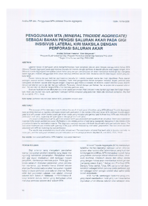 (PDF) Penggunaan MTA (Mineral Trioxideaggregate) sebagai Bahan Pengisi ...