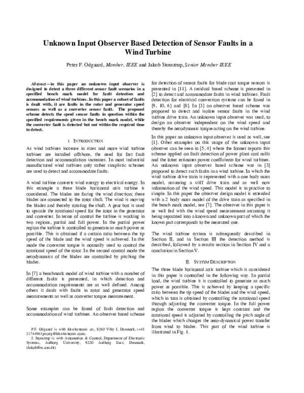 Pdf Unknown Input Observer Based Detection Of Sensor Faults In A Wind Turbine Jakob