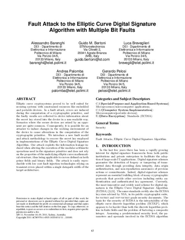 (PDF) Fault attack to the elliptic curve digital signature algorithm with multiple bit faults