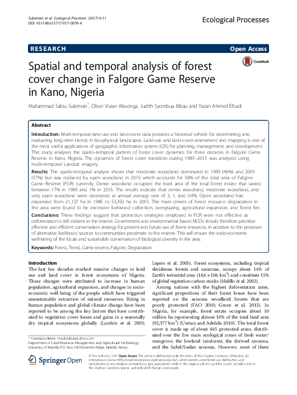 (PDF) Spatial and temporal analysis of forest cover change in Falgore Game Reserve in Kano, Nigeria
