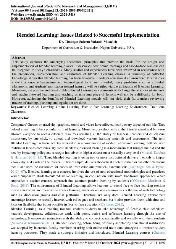 (PDF) Blended Learning: Issues Related to Successful Implementation
