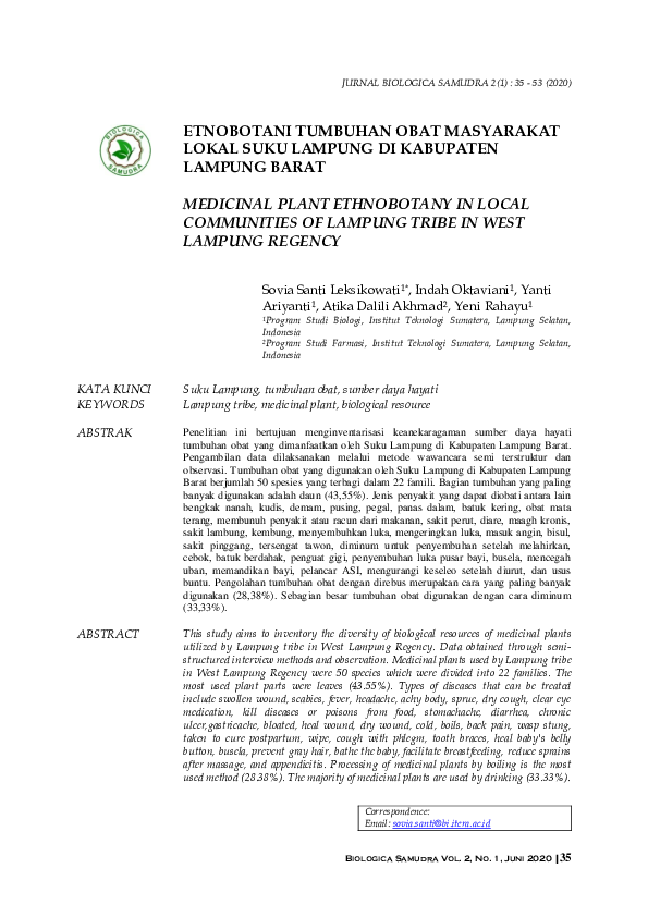 (PDF) Medicinal Plant Ethnobotany in Local Communities of Lampung Tribe in West Lampung Regency ...
