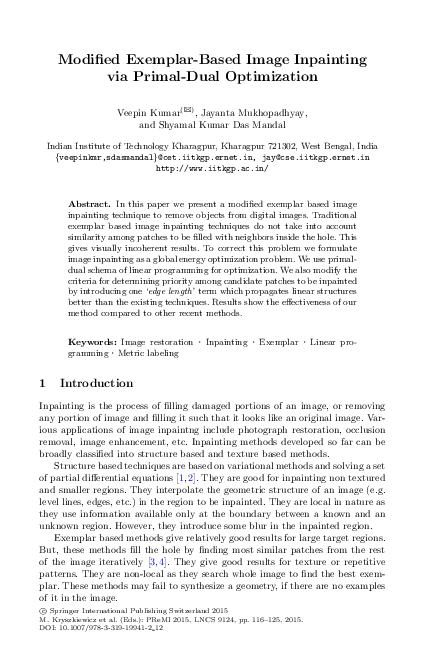 Modified Exemplar-Based Image Inpainting via Primal-Dual Optimization